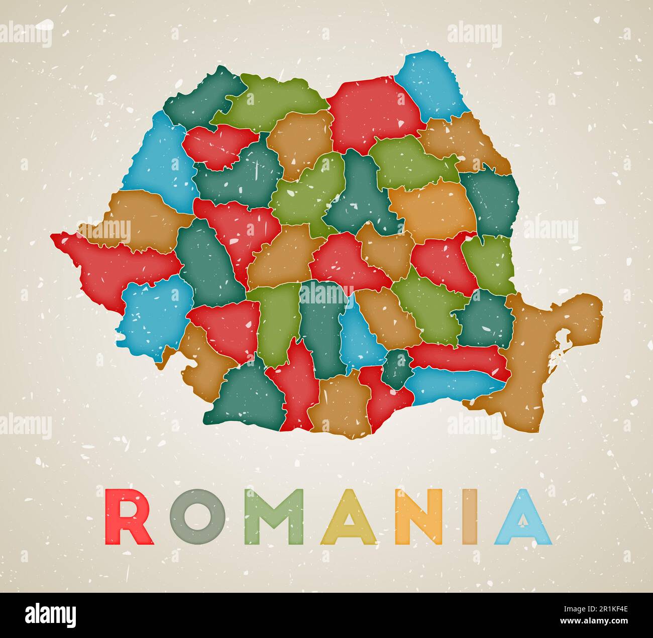 Romania map. Country poster with colored regions. Old grunge texture. Vector illustration of ...