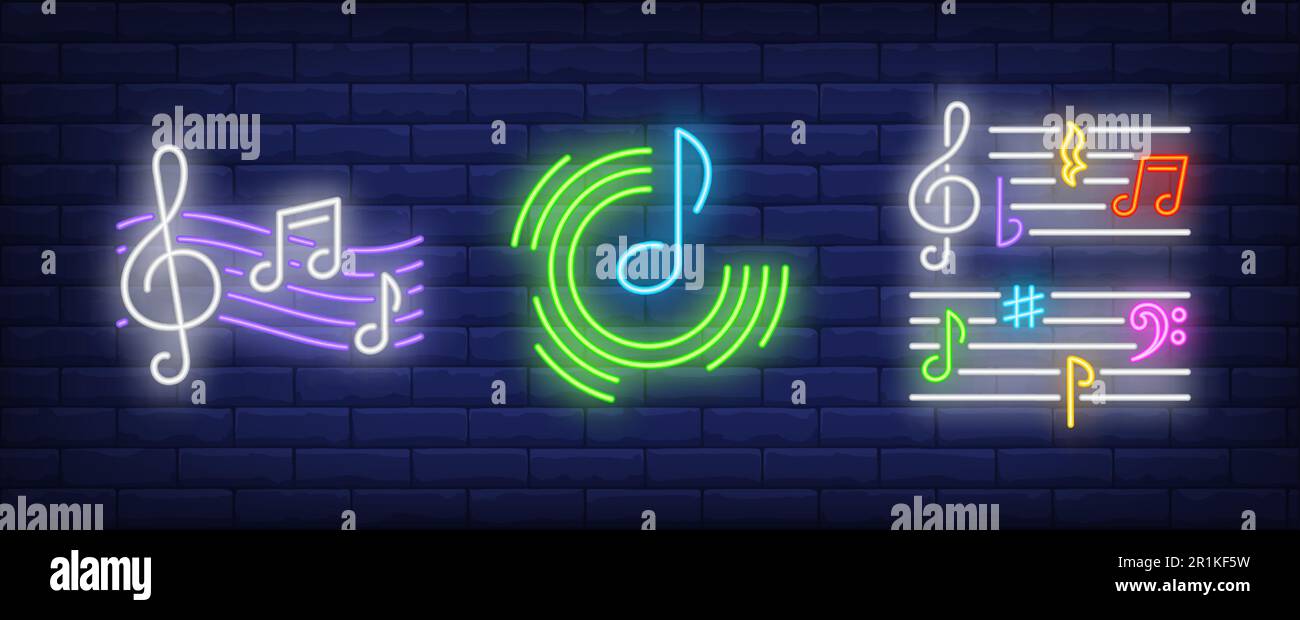 Music notes, stave and treble clefs neon signs set Stock Vector Image ...
