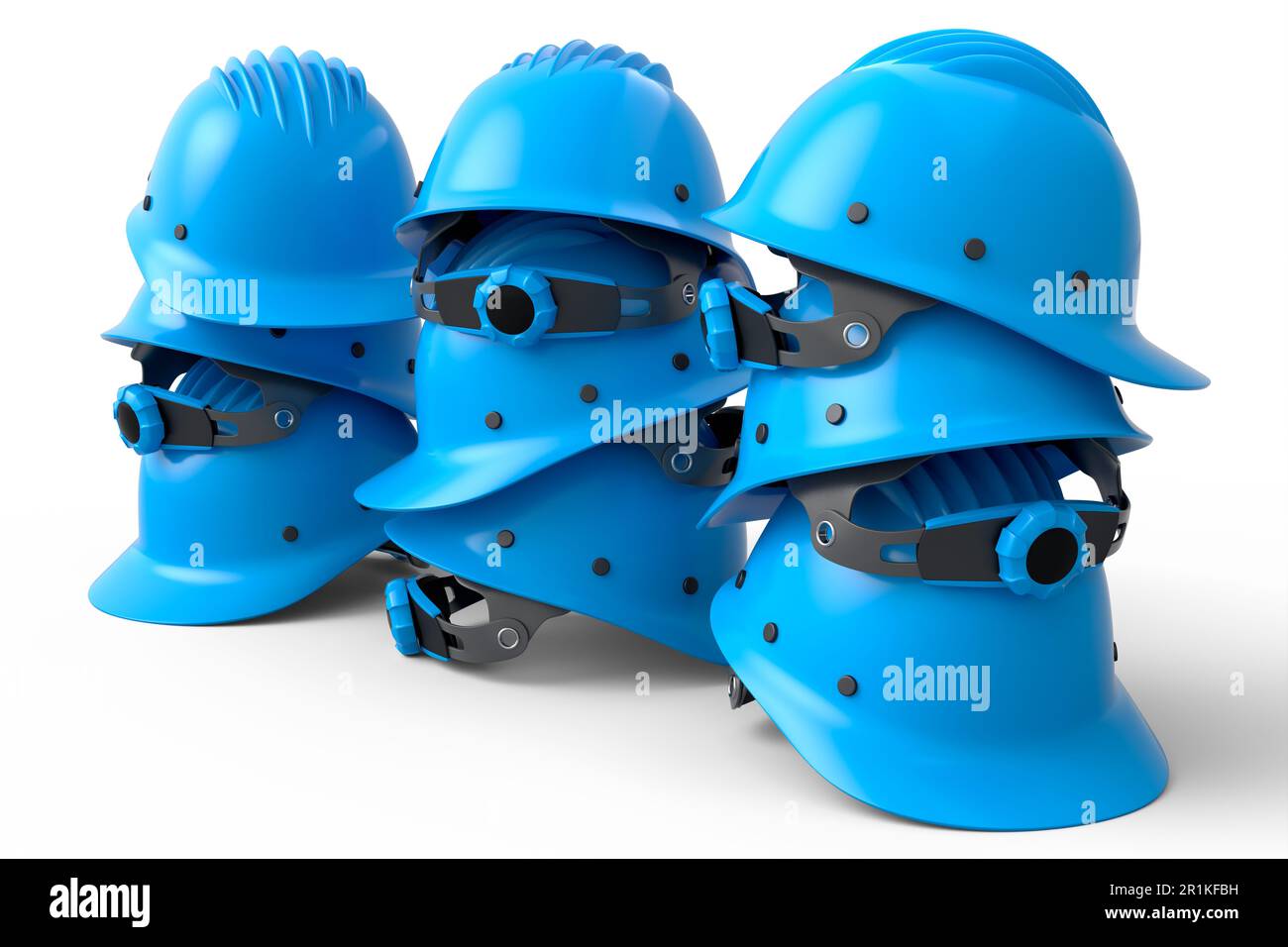 Heap of safety helmets or hard caps on white background. 3d render and ...