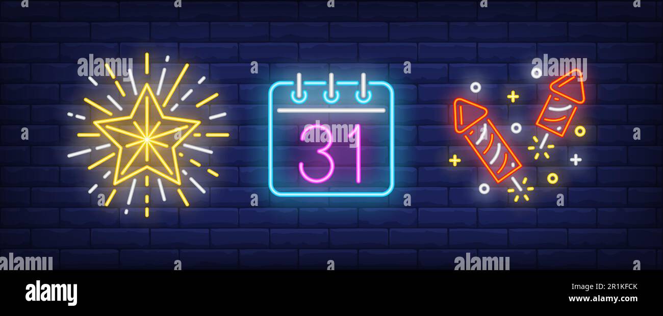 December thirty first on calendar and fireworks neon signs set Stock ...