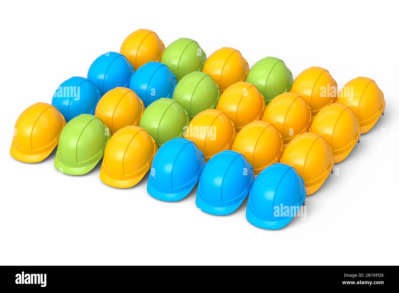 Set of safety helmets or hard caps for carpentry work in row on white ...