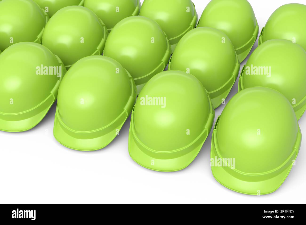 Set of safety helmets or hard caps for carpentry work in row on white ...