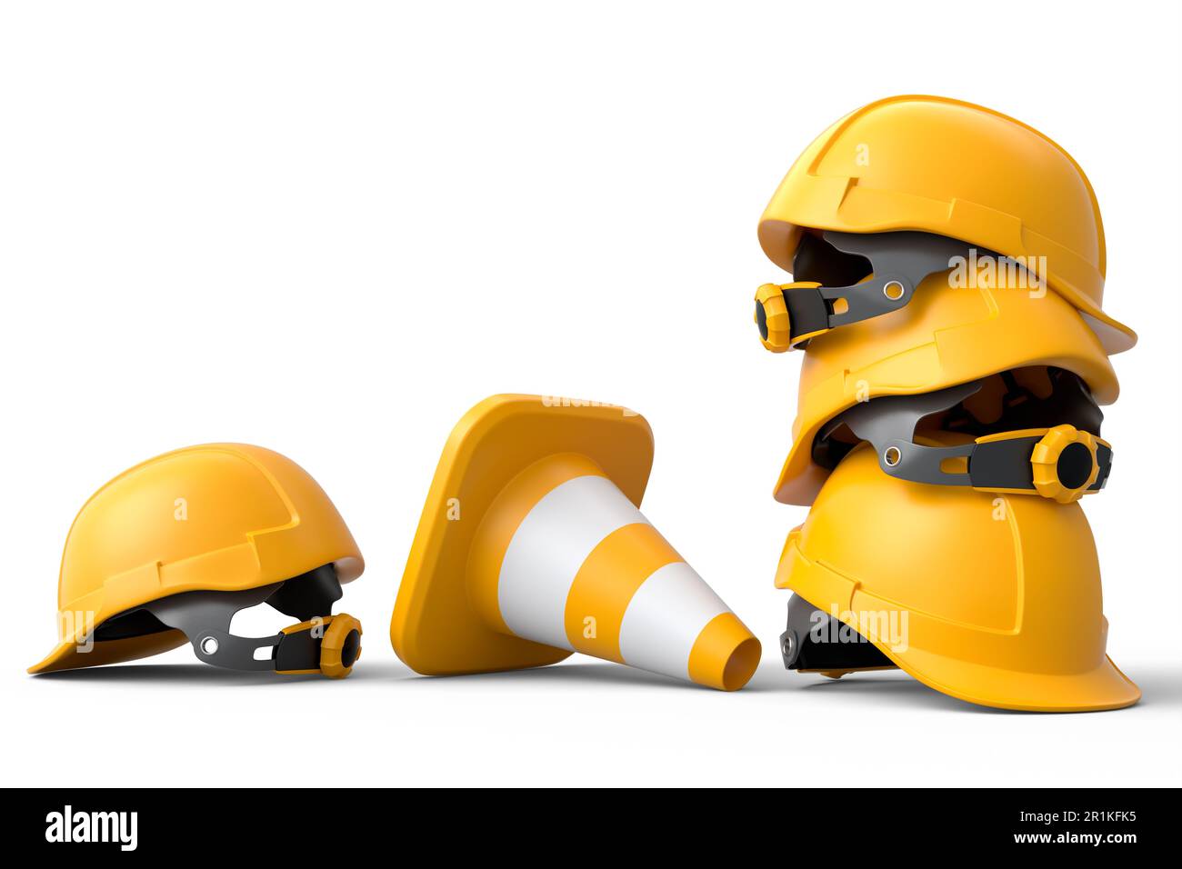 Stack of safety helmets or hard hats and traffic cones for under ...