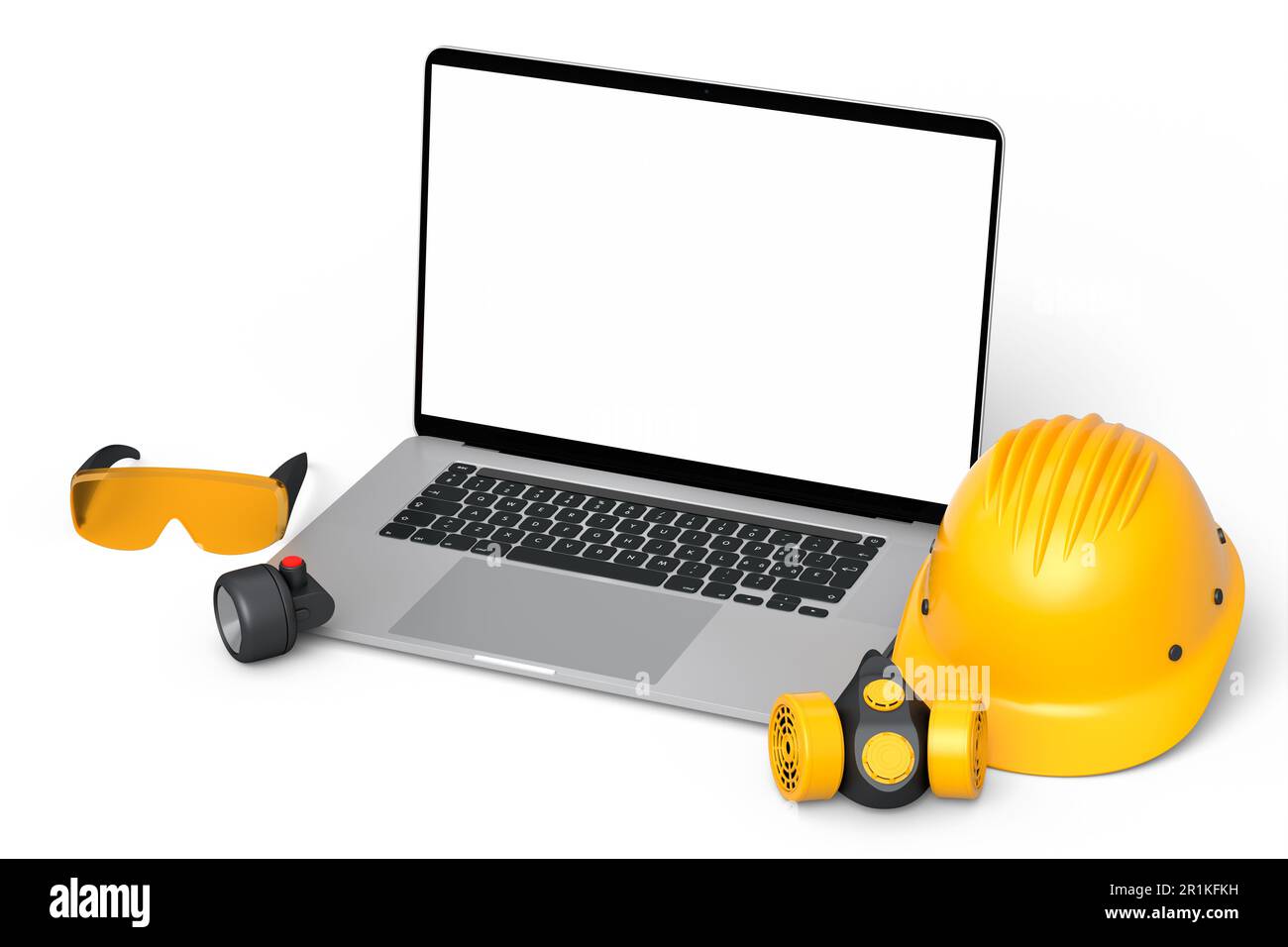 Set of safety helmets or hard caps, respirator and laptop for carpentry ...