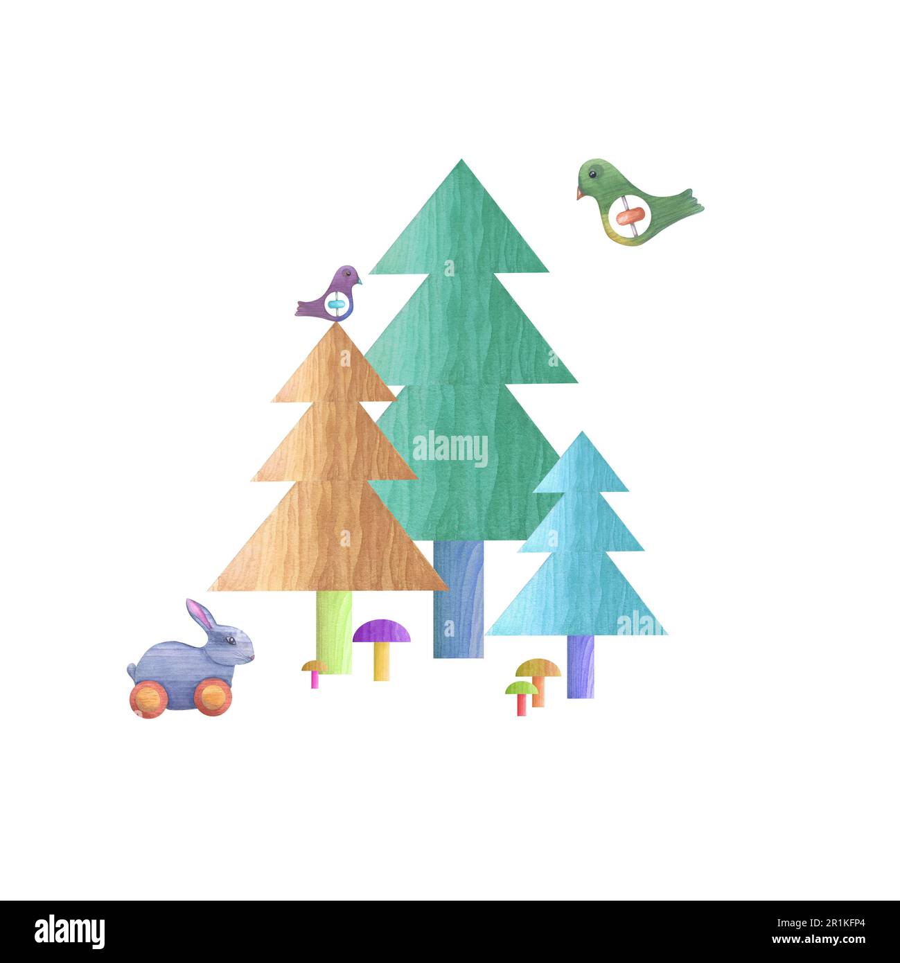 Colored forest with spruce, rabbit, bird and mushrooms from wooden ...