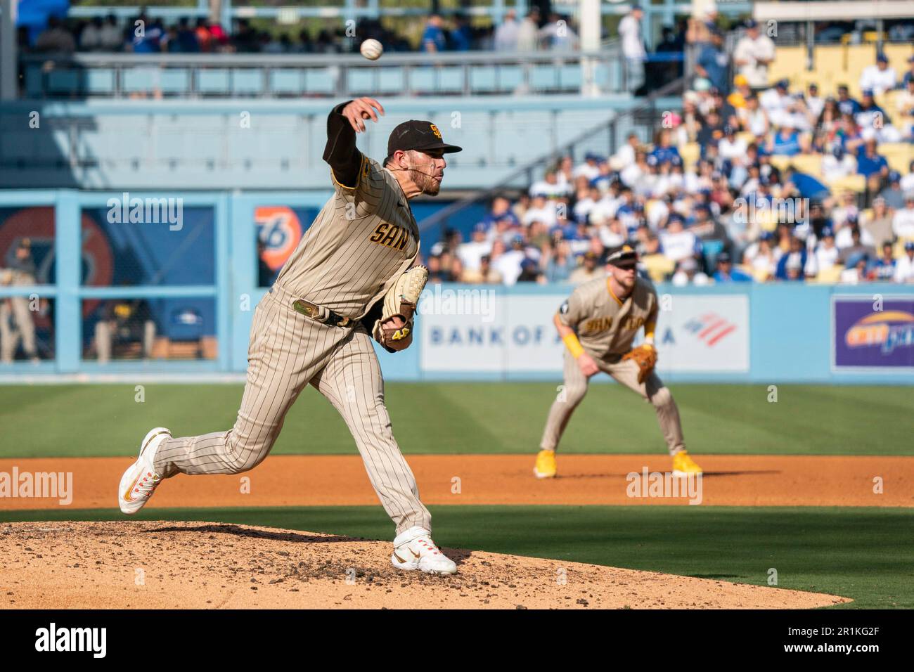 San Diego Padres starting pitcher Joe Musgrove (44) throws during a MLB game against the Los ...
