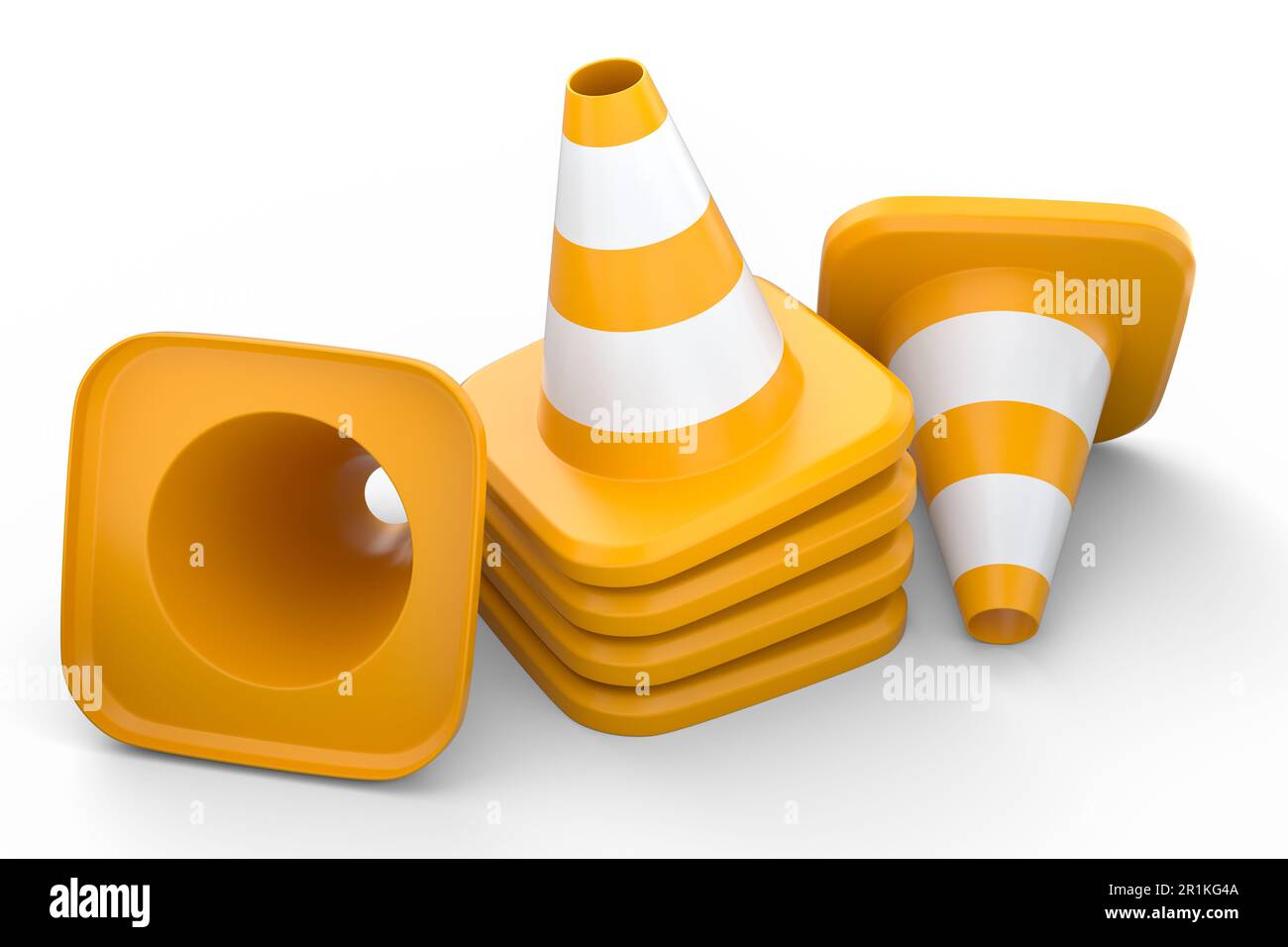Set of traffic cones for under construction road work on white ...