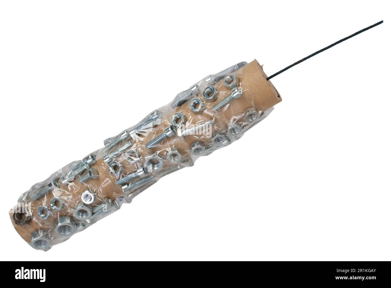 Homemade pipe bomb with fragments of bolts and nuts isolated on white ...