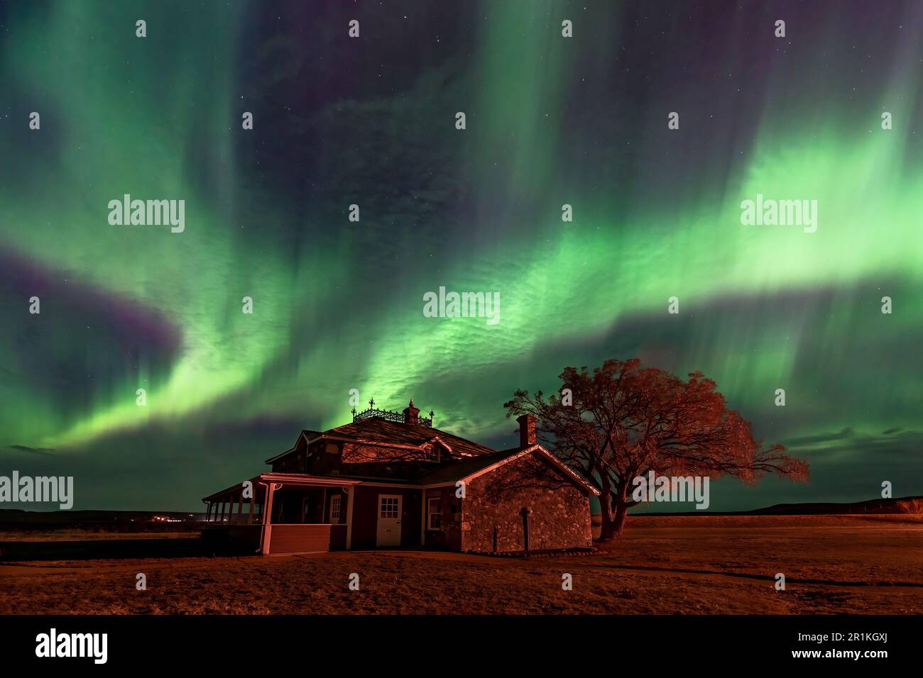 Kyle, SK- April 24, 2023: Aurora Borealis over the historic Goodwin ...