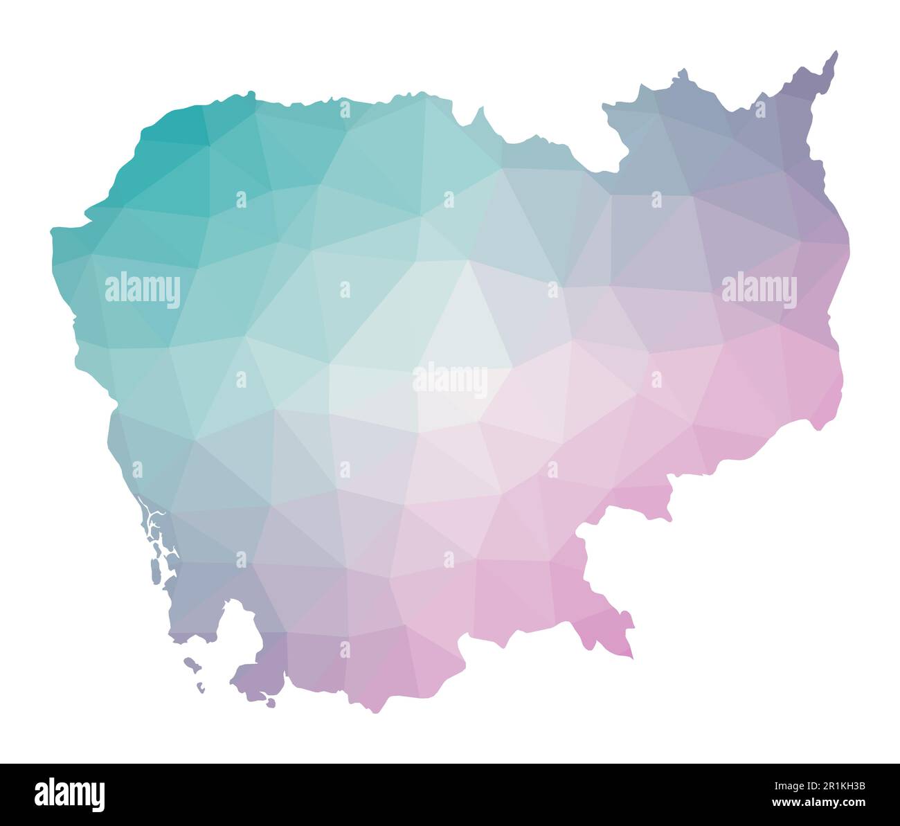 Polygonal map of Cambodia. Geometric illustration of the country in emerald and amethyst colors ...