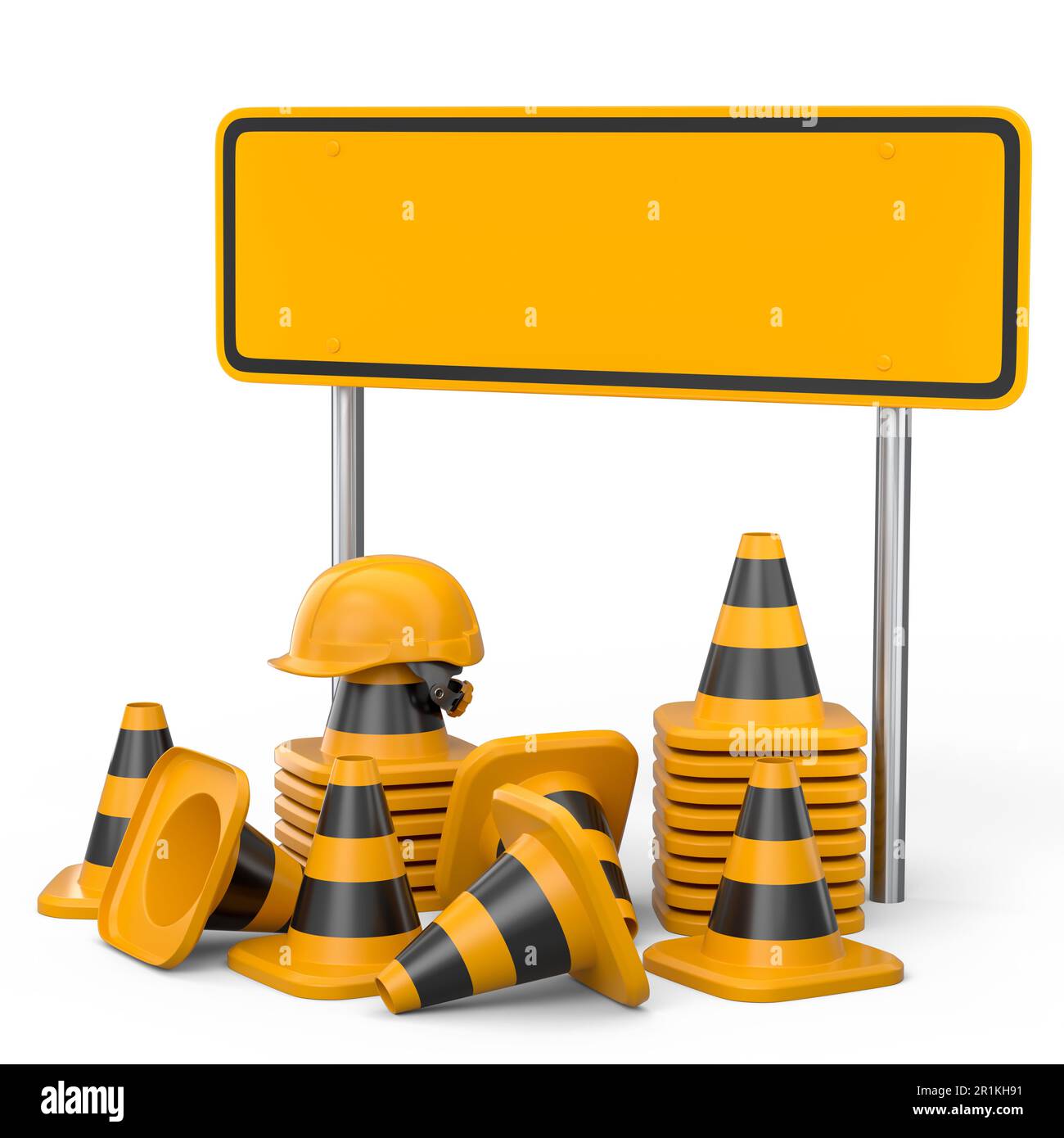 Set of safety helmets or hard hats and traffic cones, road sign for ...