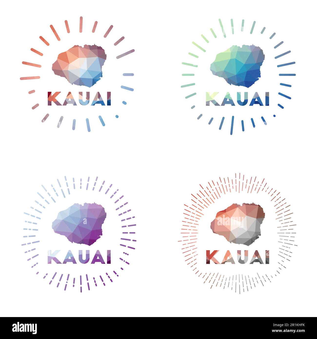 Kauai low poly sunburst set. Logo of island in geometric polygonal ... Kauai low poly sunburst set. Logo of island in geometric polygonal ...