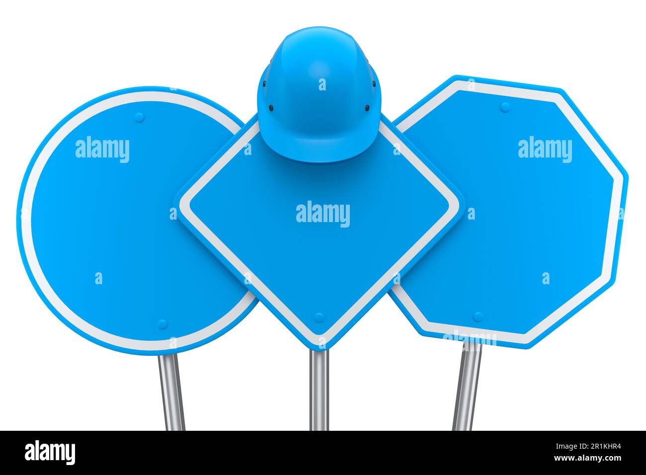 Set of safety helmet or hard hat on road traffic signs on pole isolated ...