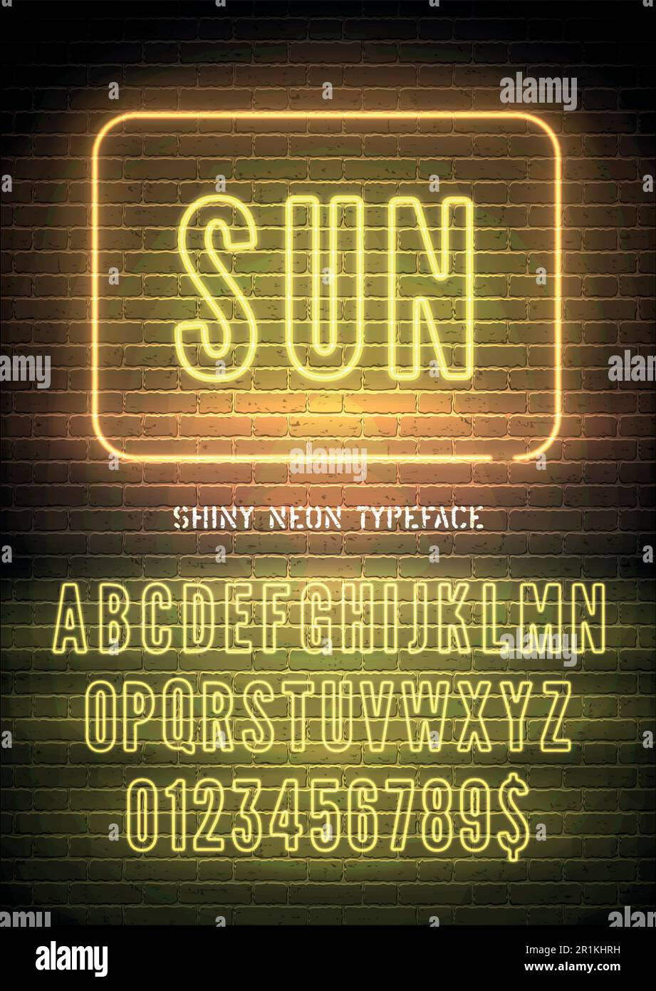 Sun sign and yellow neon hollow font with numbers on vector dark brick ...