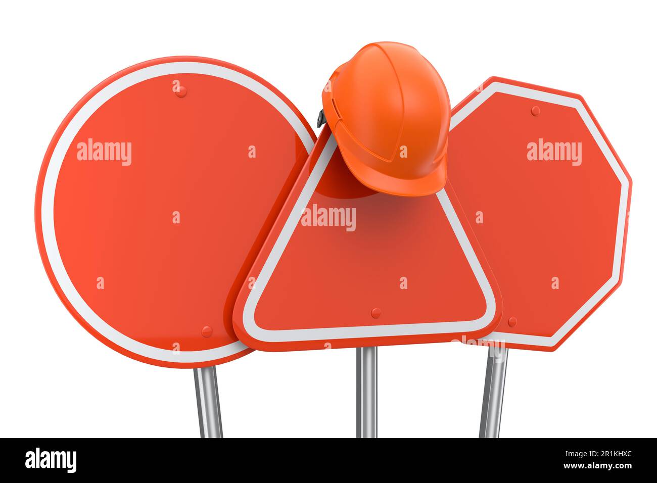 Set of safety helmet or hard hat on road traffic signs on pole isolated ...
