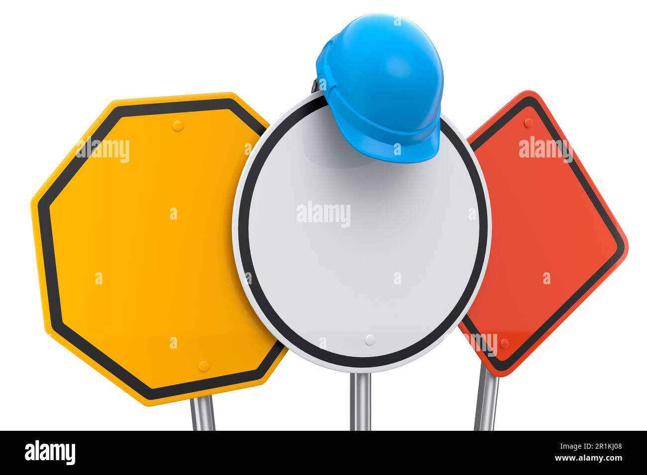 Set of safety helmet or hard hat on road traffic signs on pole isolated ...