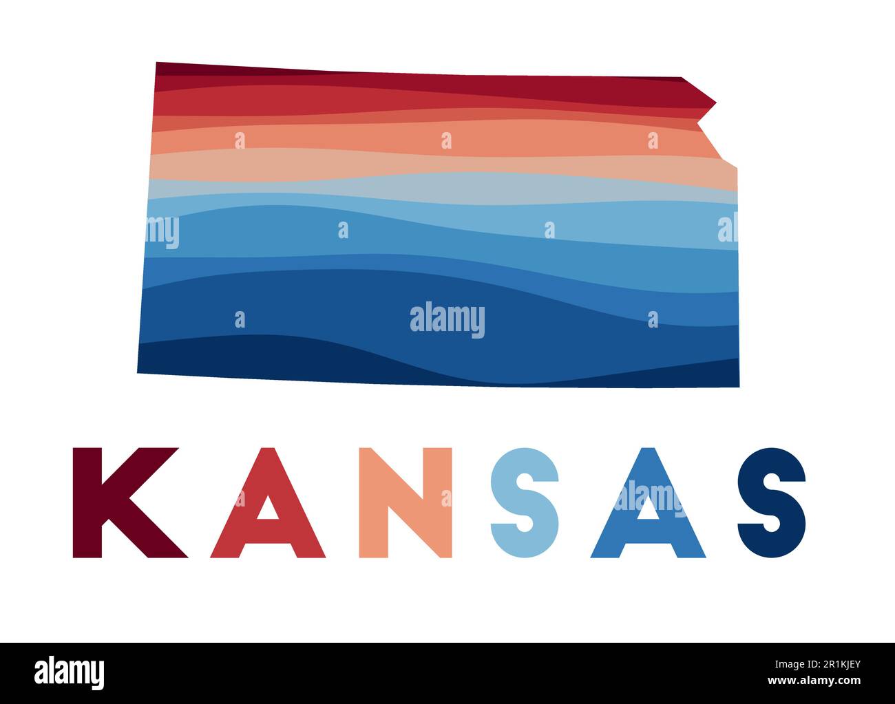 Kansas map. Map of the US state with beautiful geometric waves in red ...