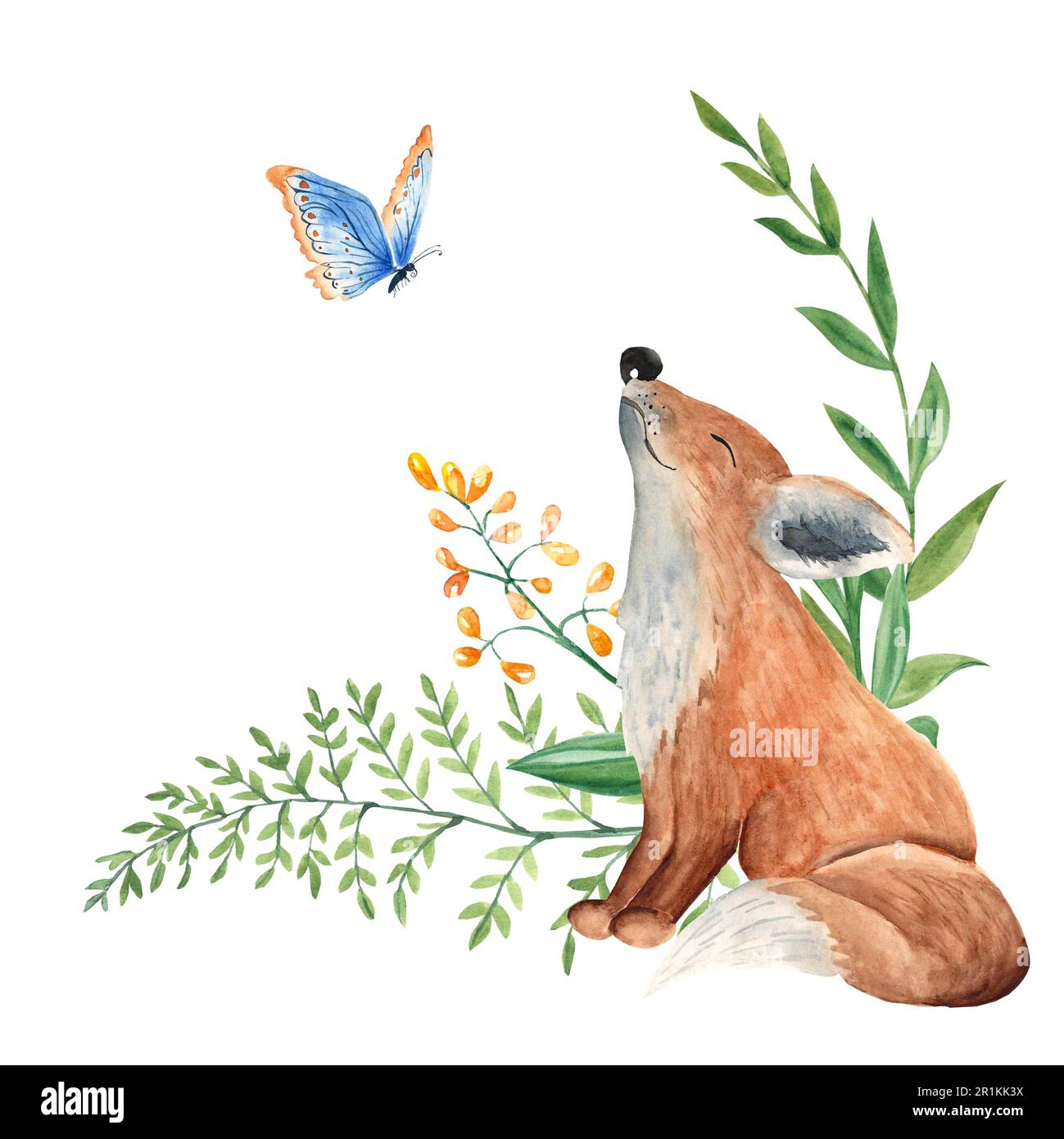 Cute baby fox with butterfly, green branches and wildflowers. Corner ...