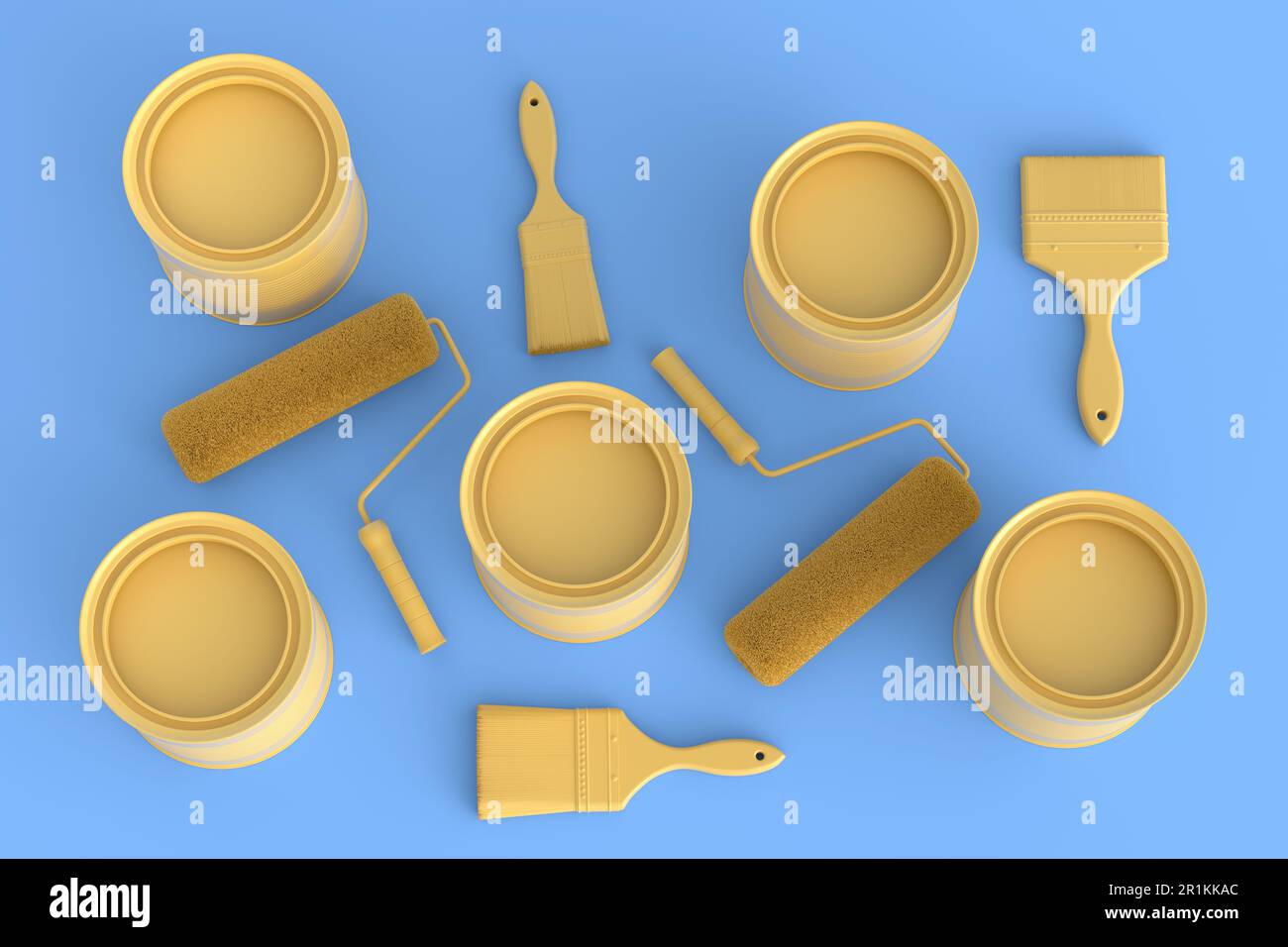 Set of metal cans or buckets with paint rollers and brushes for ...