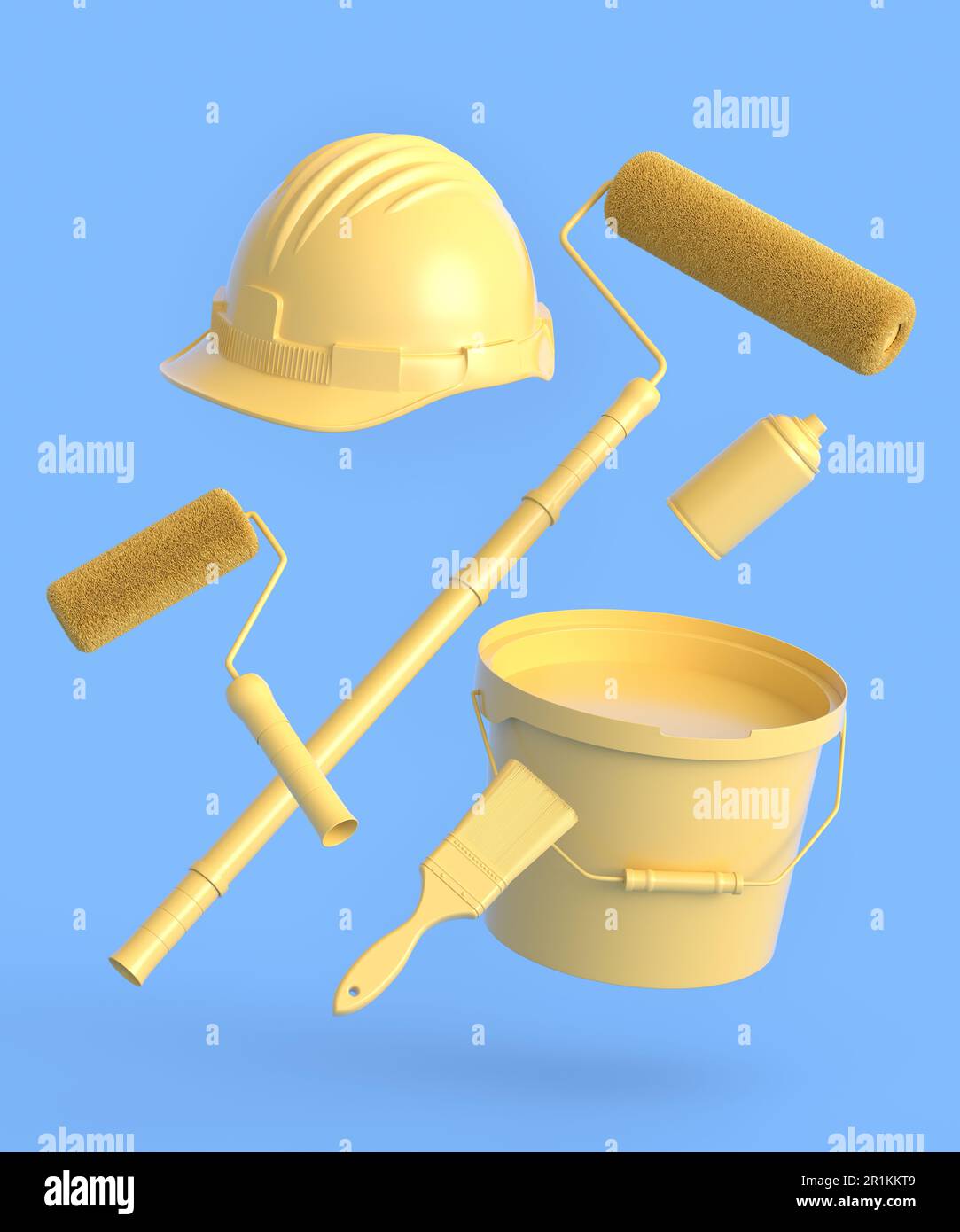Set of safety helmet, bucket with paint rollers and brushes for ...