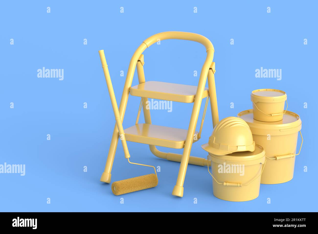 Set of folding ladder, bucket, safety helmet with paint rollers and ...