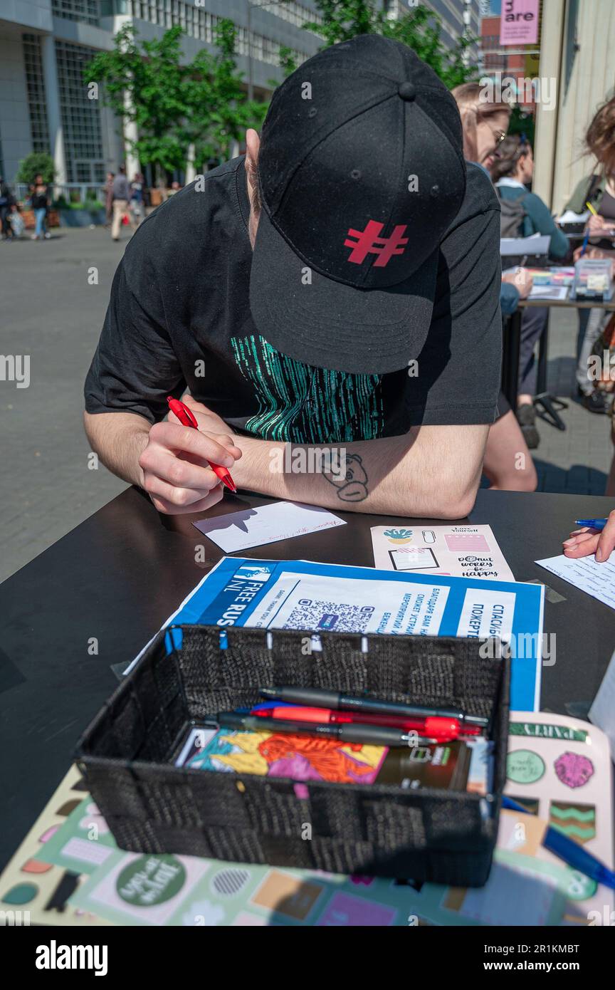 The Hague, Netherlands. 13th May, 2023. A male Russian ex-pats with ...