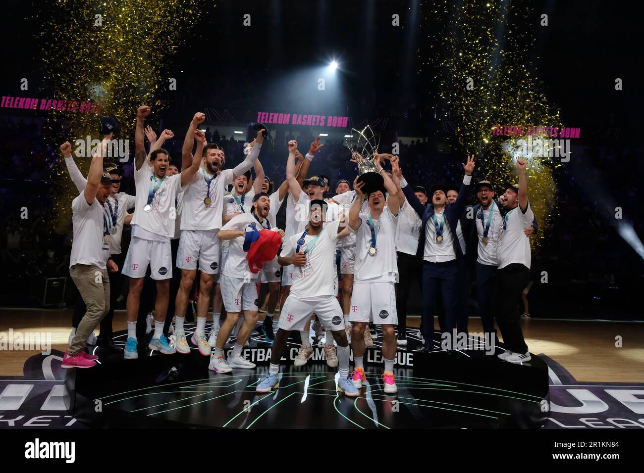 Telecom Bonn players celebrate with the trophy after defeating Hapoel ...