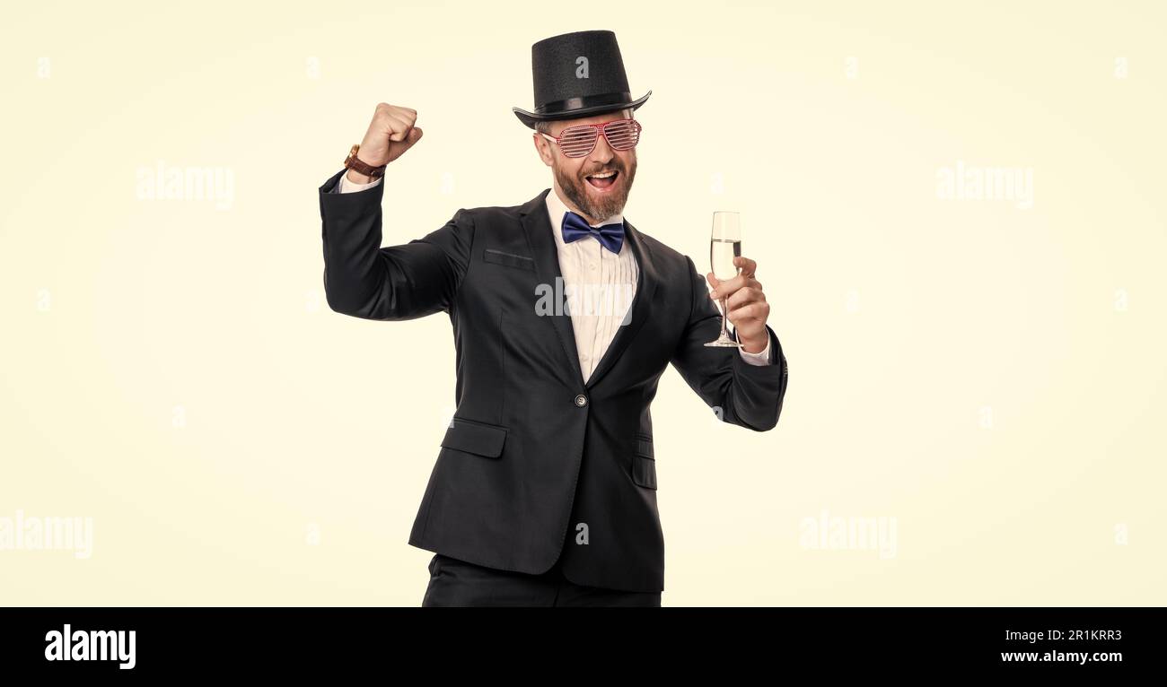 showman partygoer cheering with champagne. partygoer showman isolated ...
