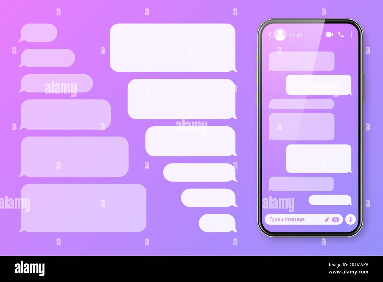 Realistic smartphone with messaging app on colorful violet background. Blank SMS text frame ...