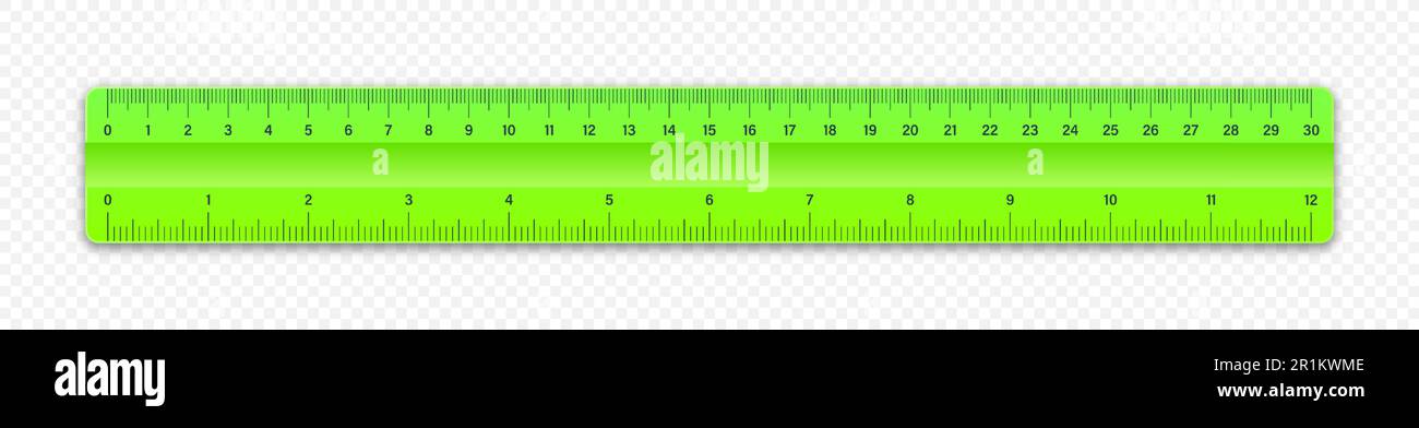Realistic green plastic ruler with measurement scale and divisions ...