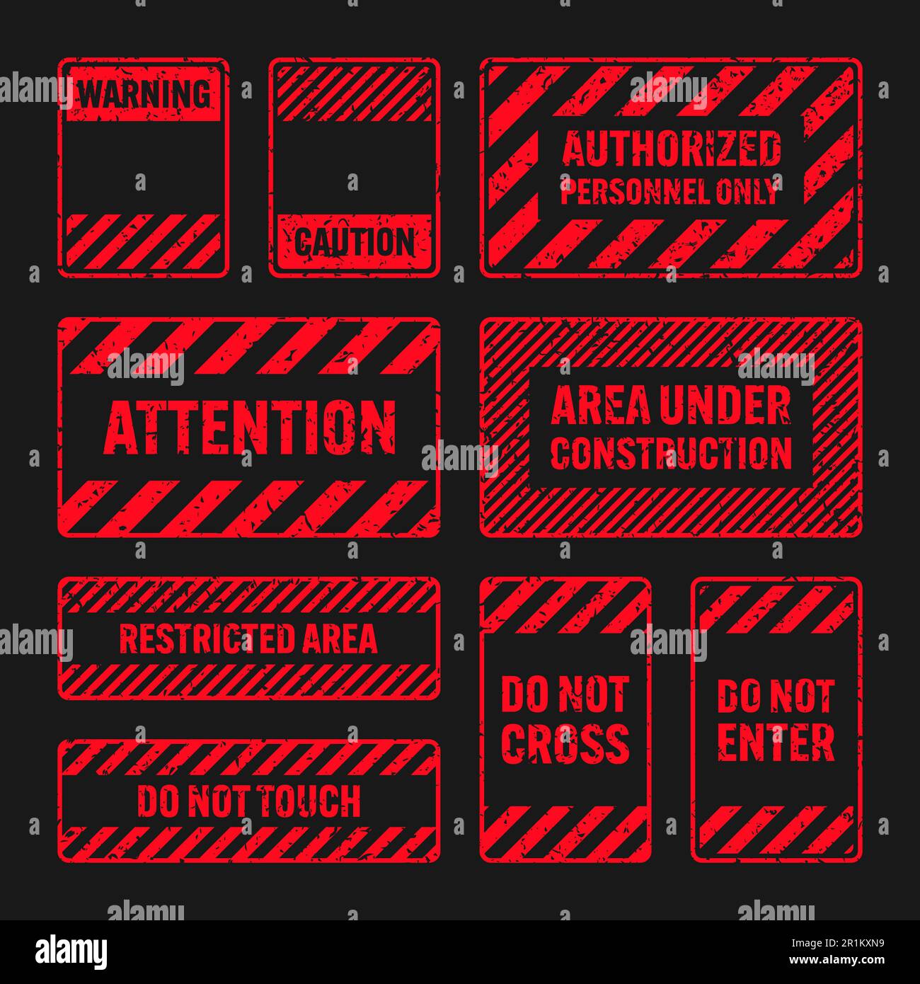 Various red grunge warning signs with diagonal lines. Old attention ...