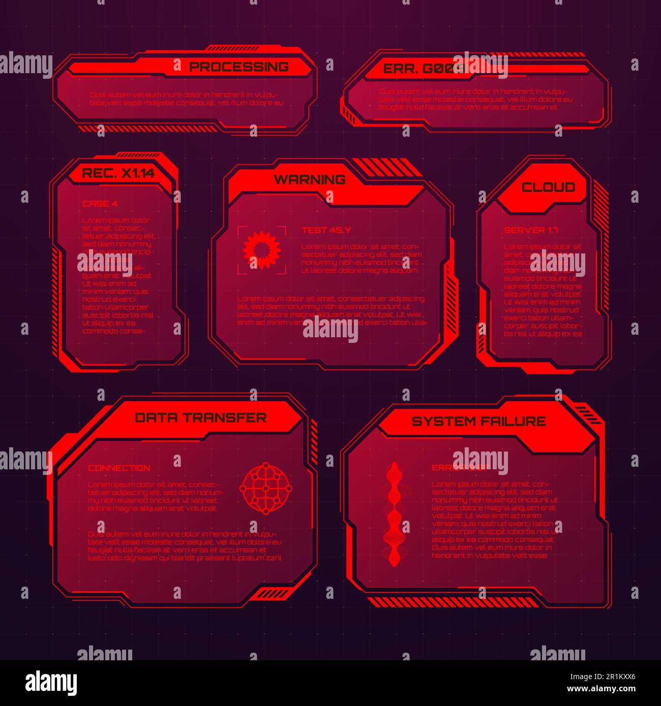 Red futuristic HUD or UI elements. Sci-fi user interface text boxes, callouts. Warning message ...