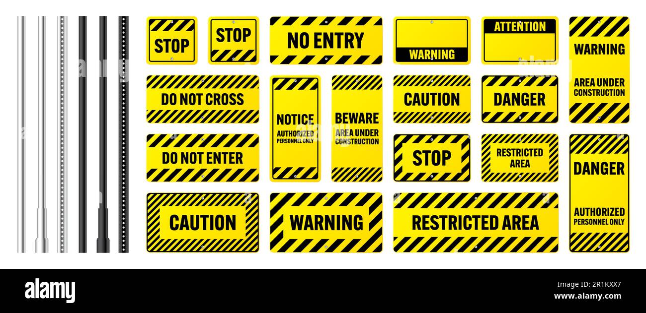 Warning, danger signs, attention banners with metal poles. Yellow ...