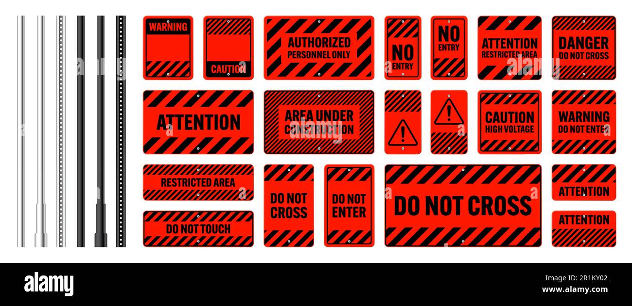 Warning, danger signs, attention banners with metal poles. Red caution ...