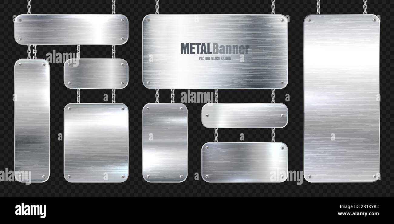 Metal banners hanging on a chain. Realistic shiny steel plate with ...