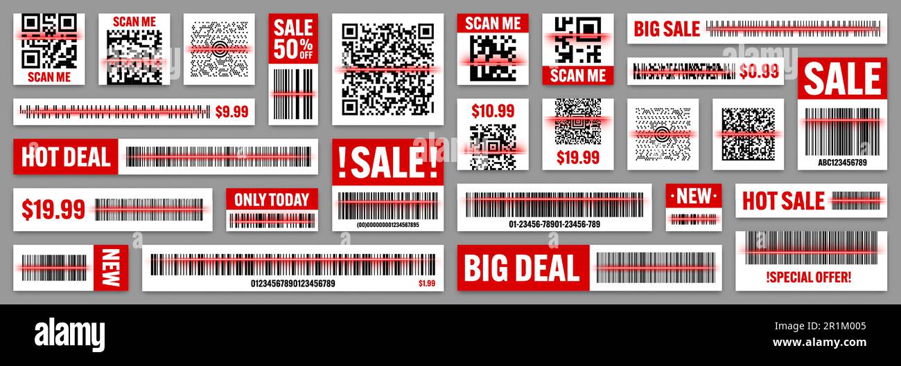 Product barcodes and QR codes with red scanning line. Sale stickers ...