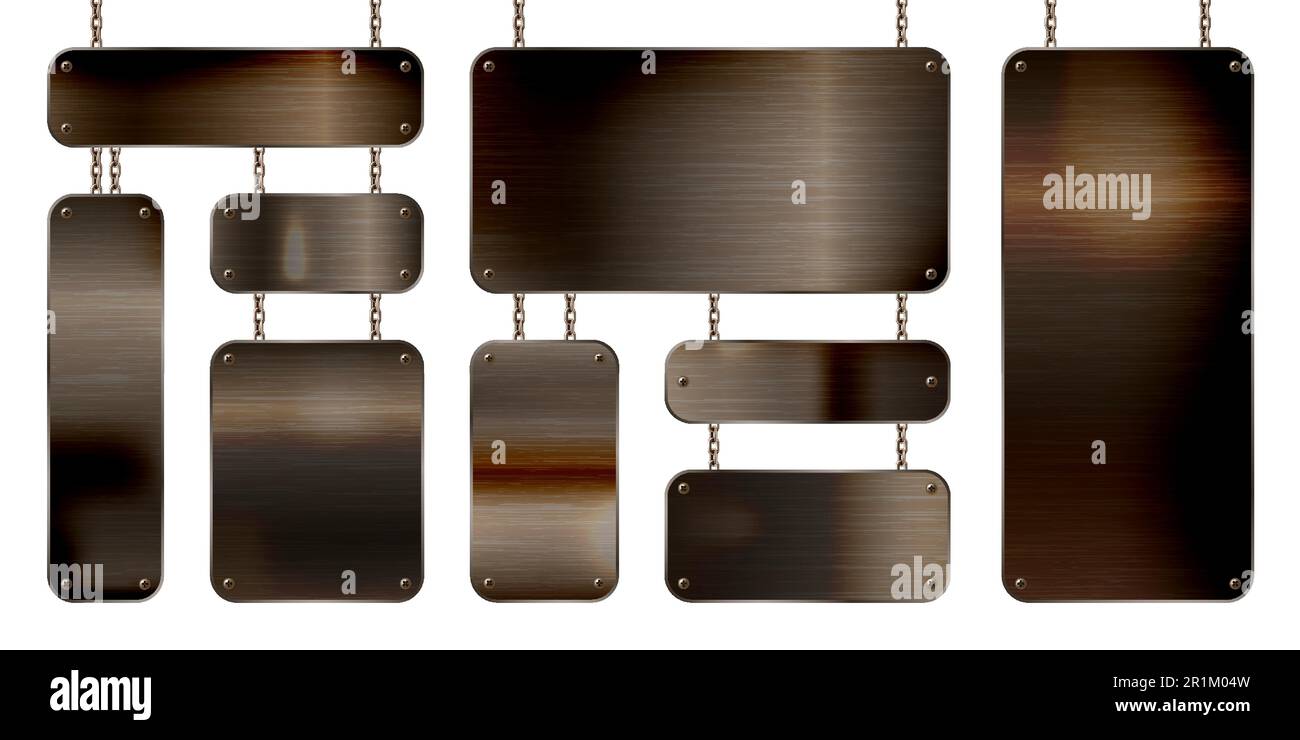 Metal banners hanging on a chain. Realistic shiny steel plate with ...
