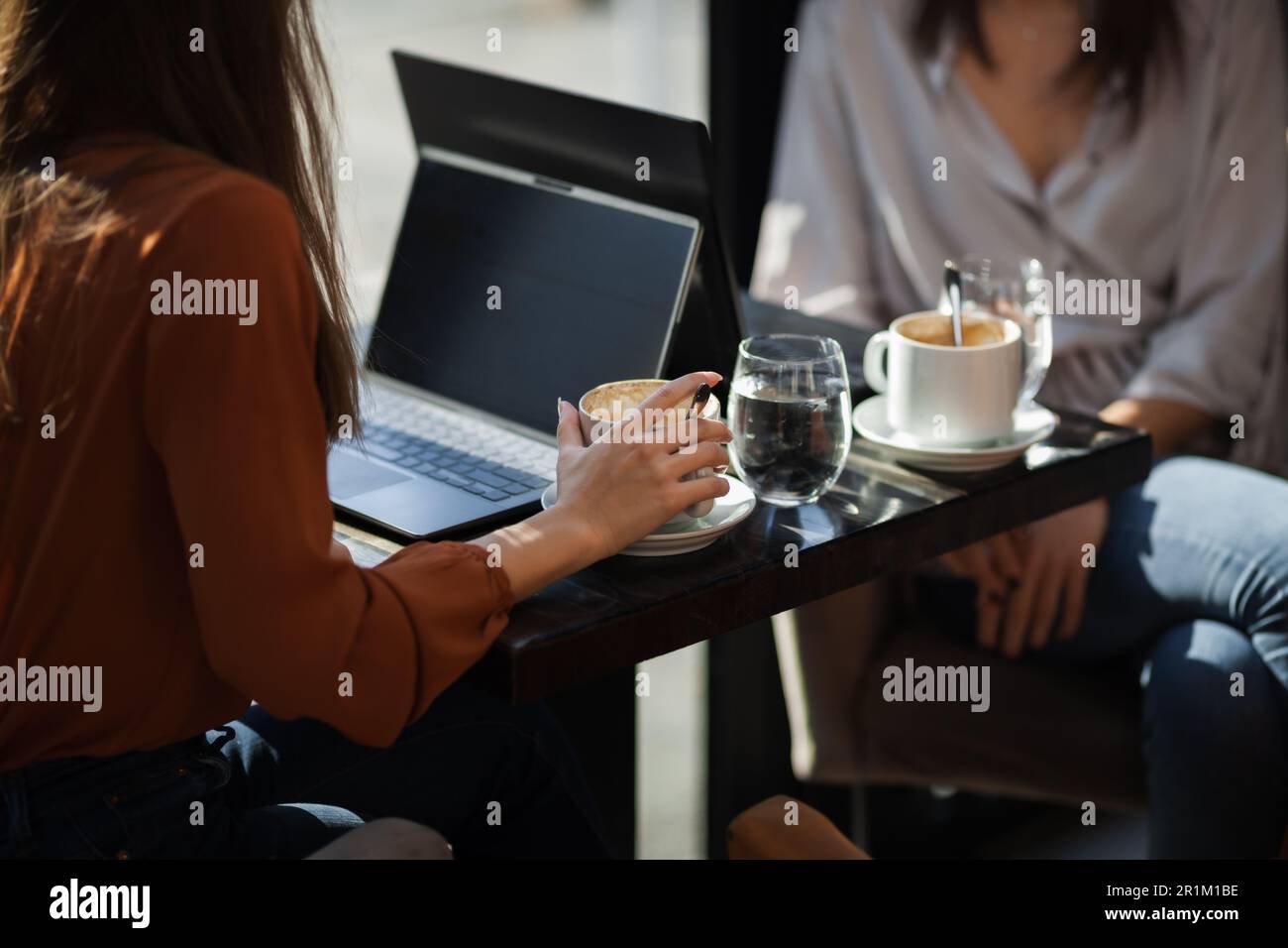 Two young business women in a cafe having one on one meeting. Friends ...