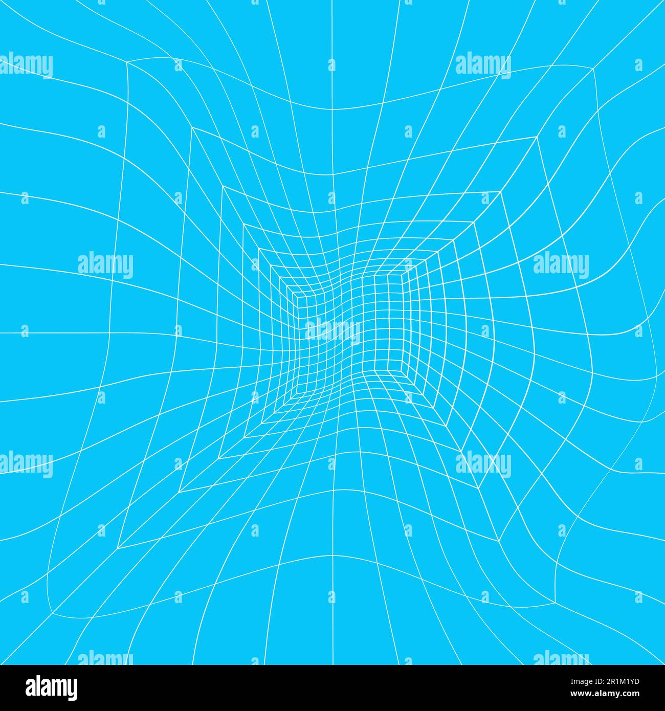 Distorted white square room wireframe in perspective on blue background ...