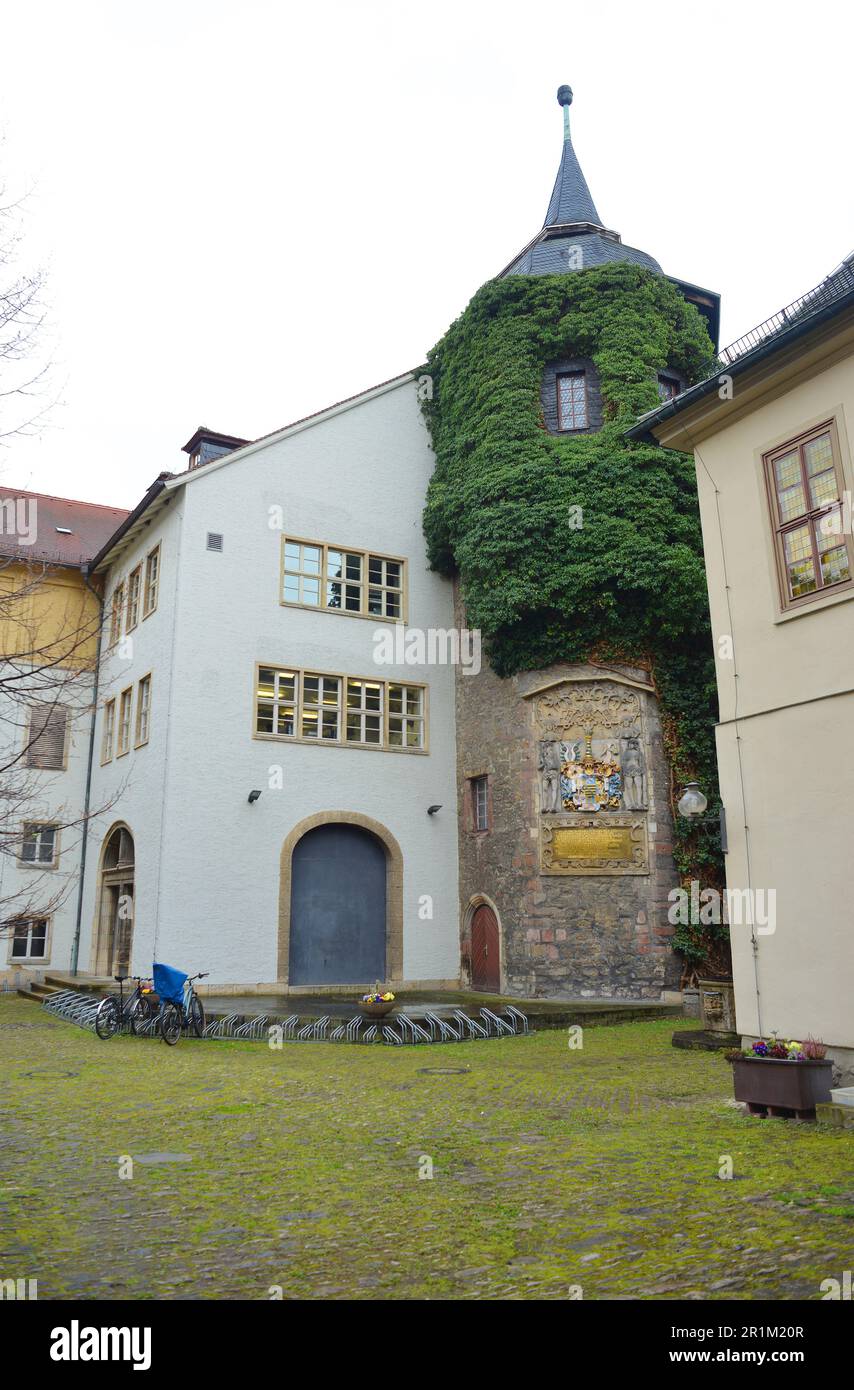 Jena, Germany, backyard at a university building with old tower and ...