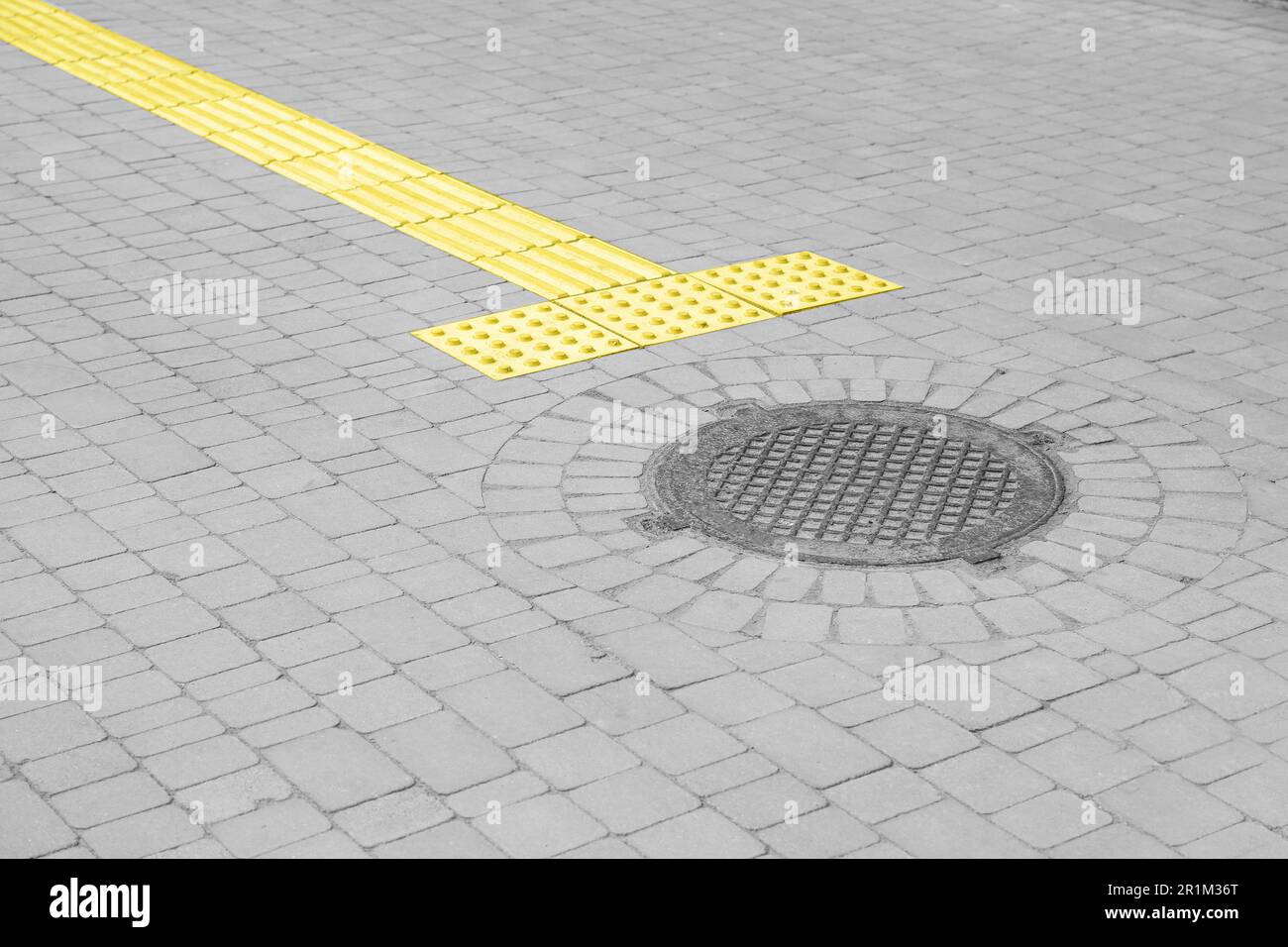 Metal sewer hatch on street tiles outdoors, space for text Stock Photo ...