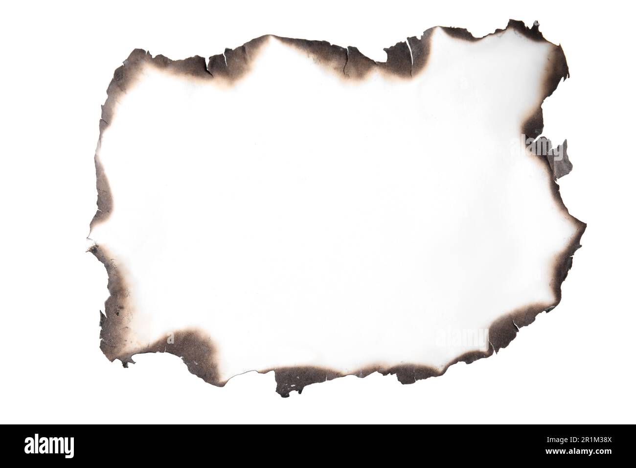 Piece of paper with dark burnt borders on white background, top view ...