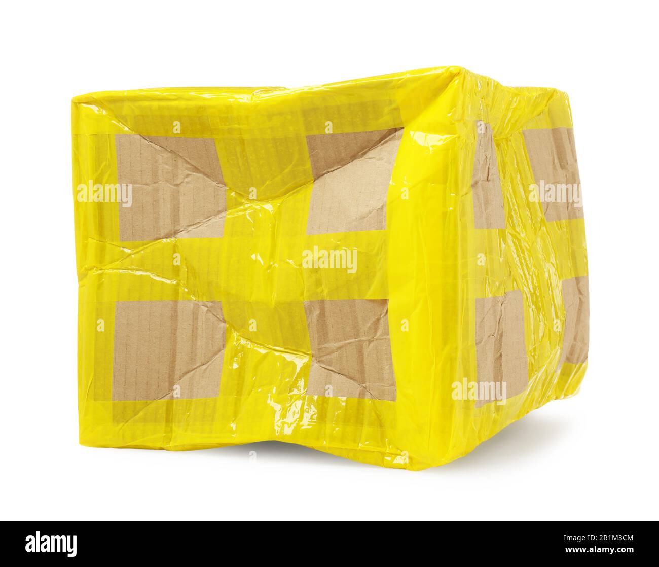Crumpled cardboard parcel box with yellow sticky tape on white ...