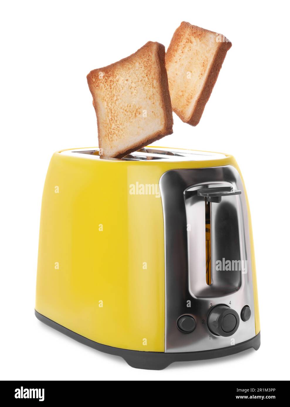 Yellow toaster with roasted bread slices on white background Stock ...