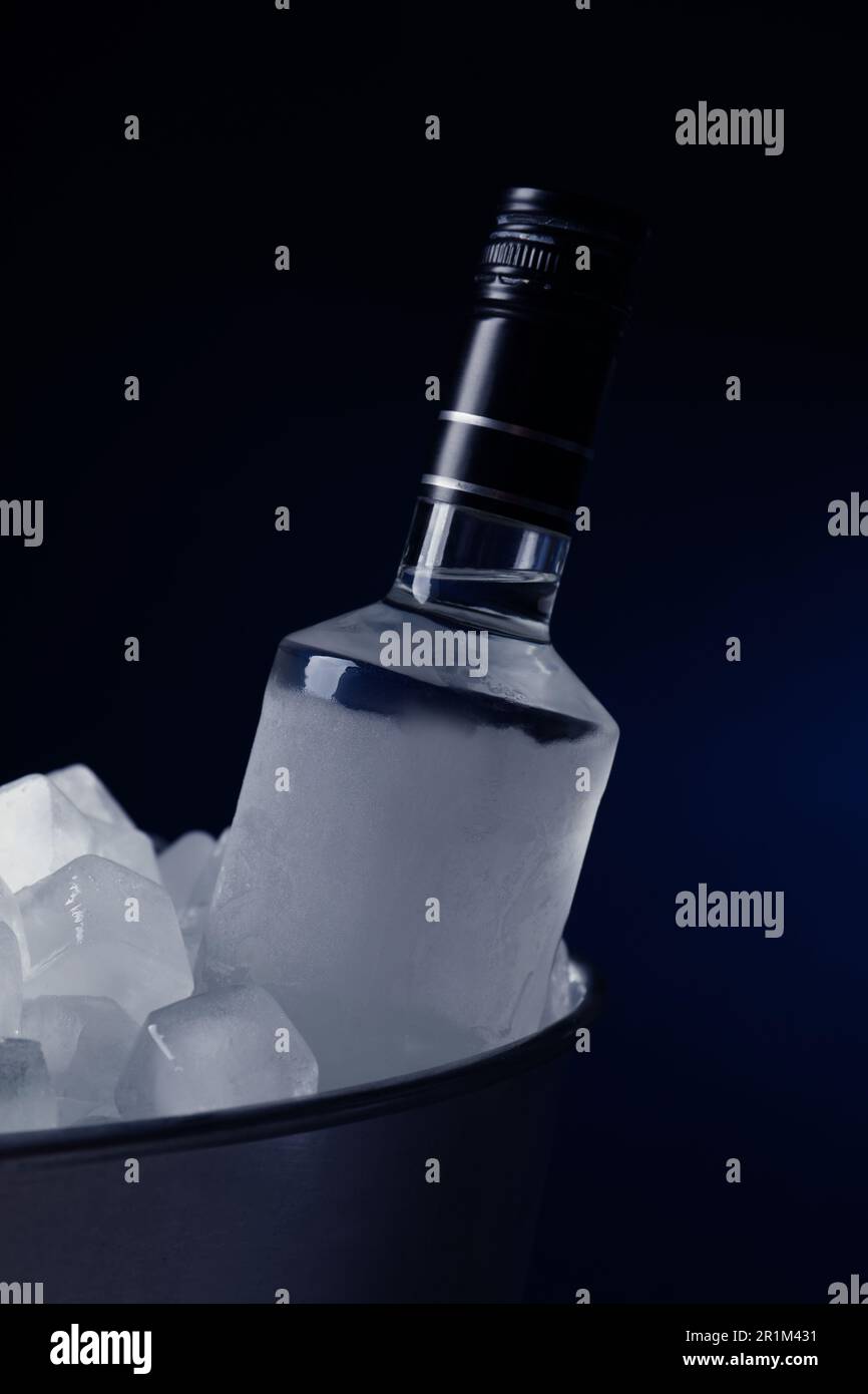 Bottle of vodka in metal bucket with ice on dark background Stock Photo ...