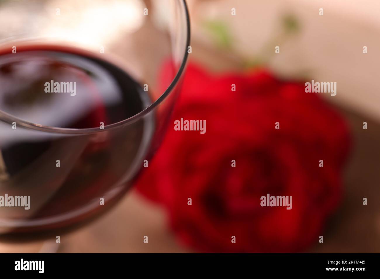 Glass of red wine and rose flower on blurred background, closeup. Space ...