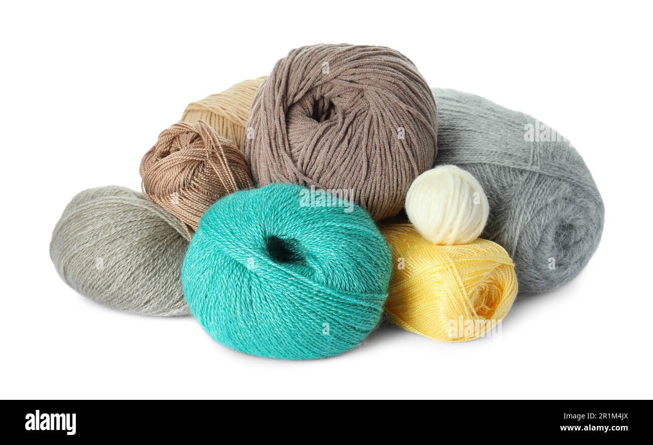 Different balls of woolen knitting yarns on white background Stock ...