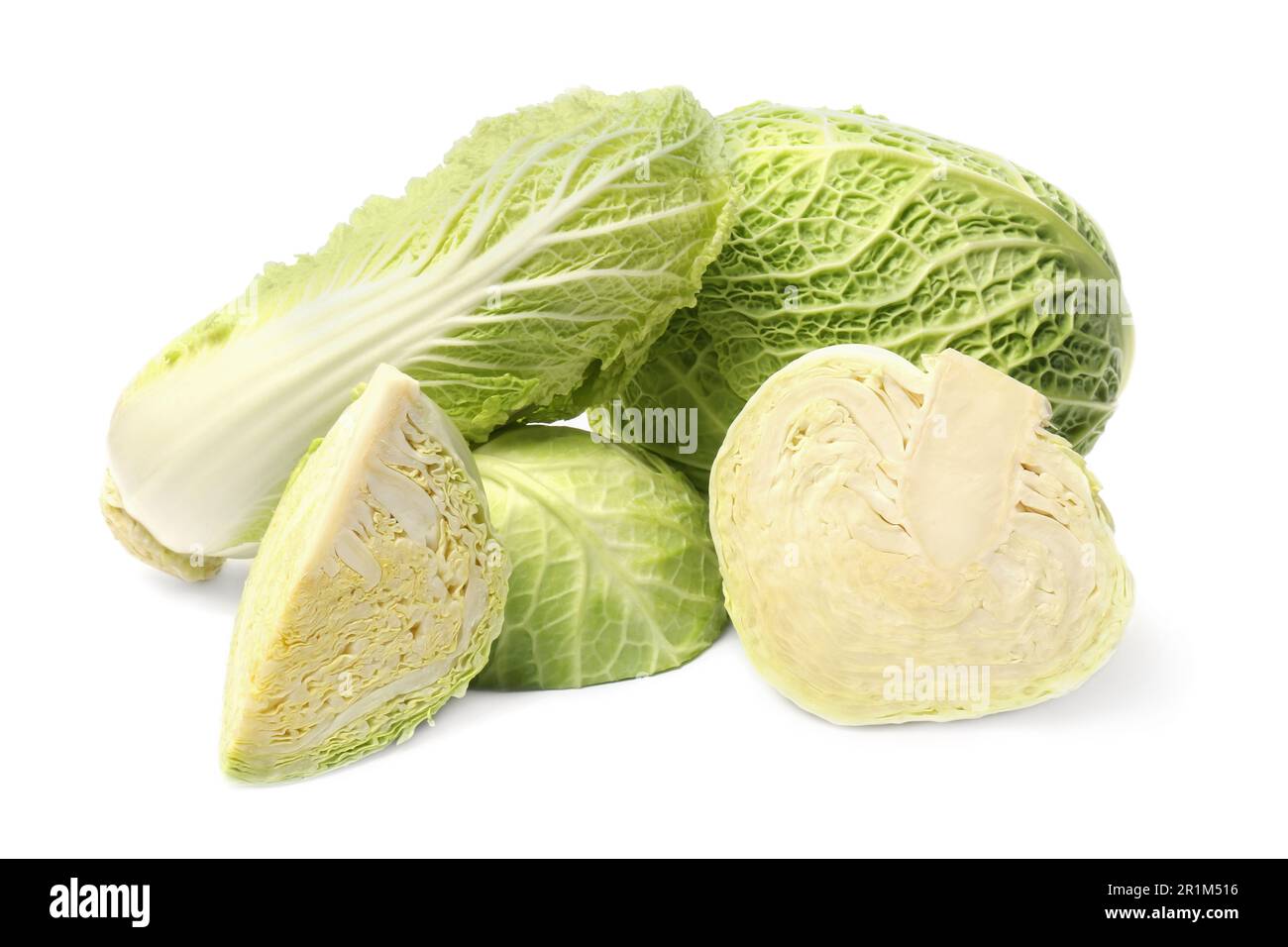 Different whole and cut types of cabbage on white background Stock ...