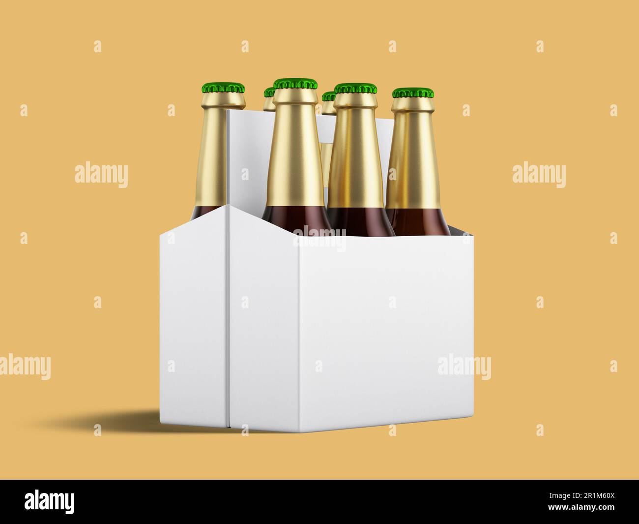 Six beer bottles in cardboard container with green caps with reflection ...