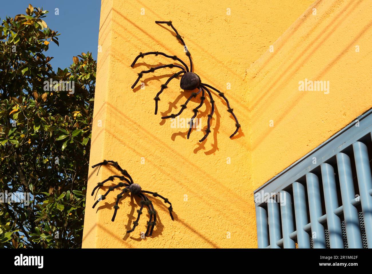 Big creepy spiders on yellow building wall. Halloween decor Stock Photo ...